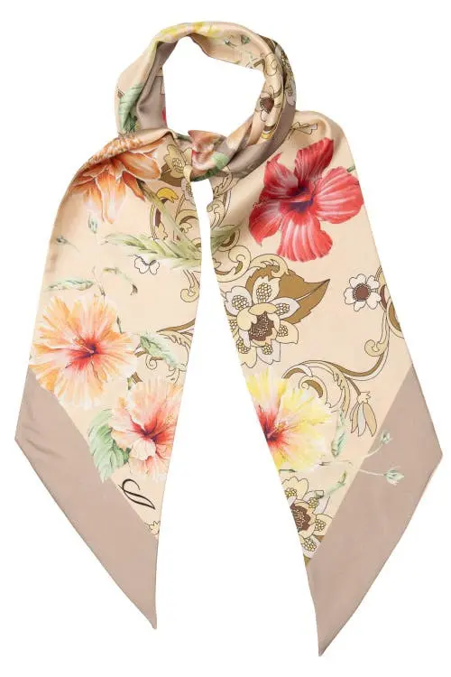 ELIZABETTA Floral Print Skinny Silk Scarf - Vanilla
