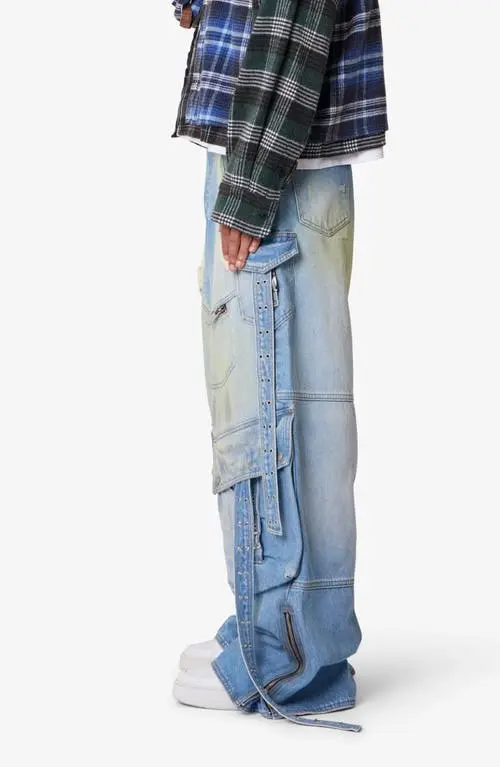 Mnml Belt Accent Rave Denim Ultra Baggy Wide Leg Jeans