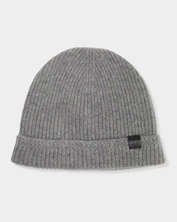TOM FORD BOUTIQUE Ribbed Cashmere Tf-tab Beanie Hat - Light Grey