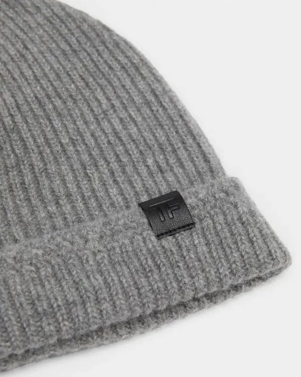 TOM FORD Ribbed Cashmere Tf-tab Beanie Hat - Light Grey