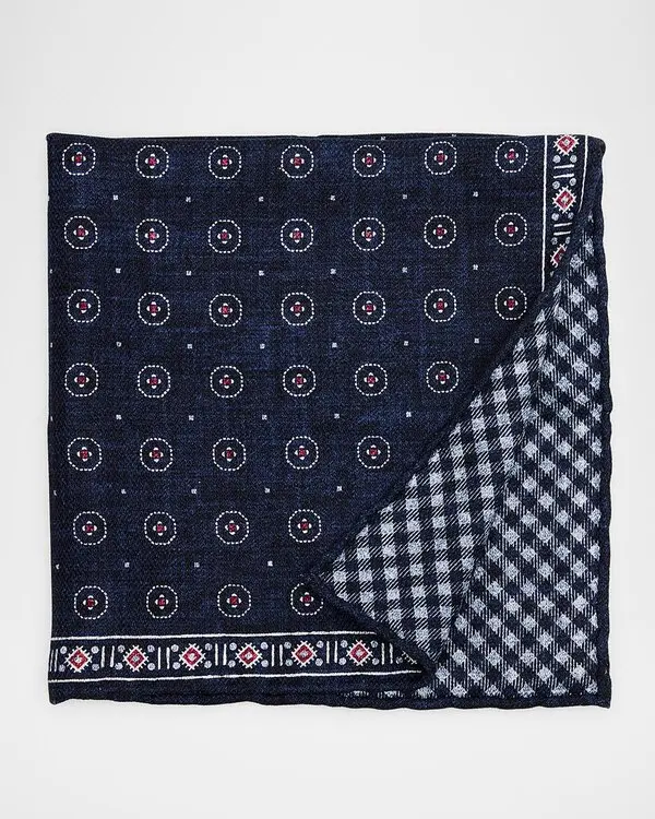 Brunello Cucinelli Double-face Geometric-check Silk Pocket Square - Navy