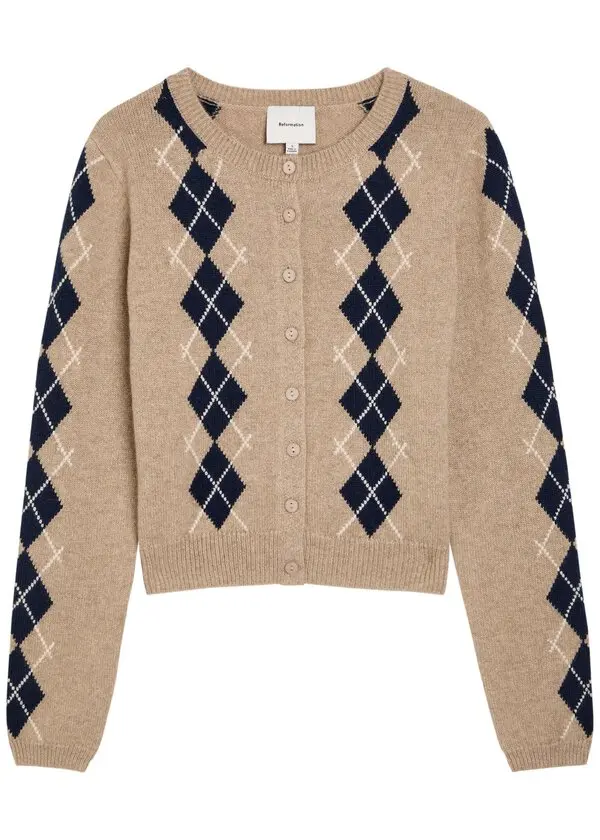 REFORMATION Argyle Cashmere Cardigan - Beige