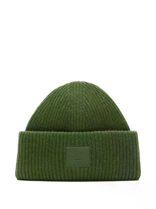 Acne Studios Ribbed Beanie With Logo Patch - Green
