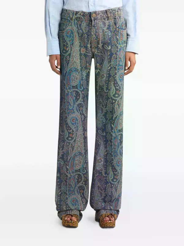 Etro Flared Denim Jeans With Floral Paisley Motif