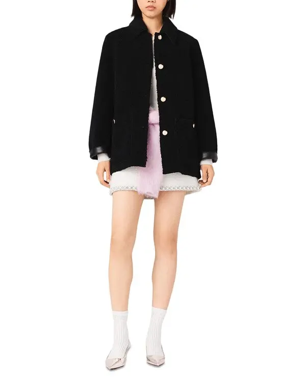 Maje Reversible Faux Leather Fleece Jacket - Navy