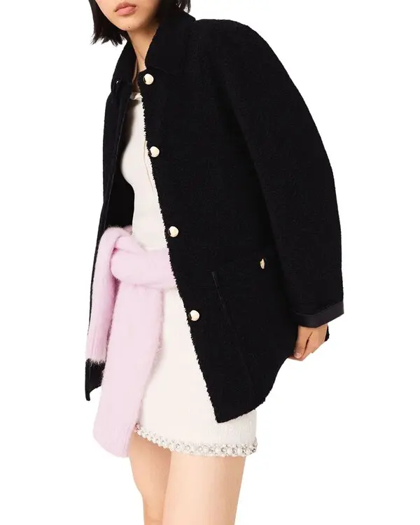 Maje Reversible Faux Leather Fleece Jacket - Navy