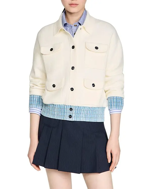 Sandro Madeen Boucle Denim Trim Cardigan - Ecru