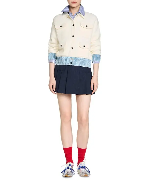 Sandro Madeen Boucle Denim Trim Cardigan - Ecru