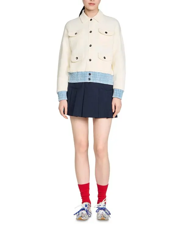 Sandro Madeen Boucle Denim Trim Cardigan - Ecru