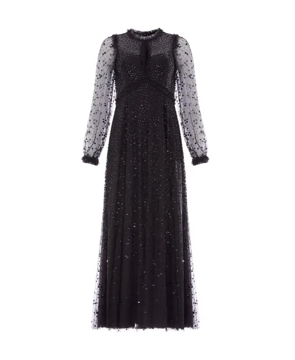 NEEDLE & THREAD Dappled Sequin Long Sleeve Gown - Graphite
