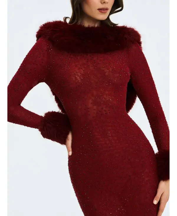 Miss Circle Women's Rhinestone Mesh Low Back Mermaid Gown - Burgundy