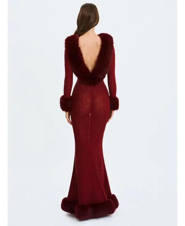Miss Circle Rhinestone Mesh Low Back Mermaid Dress - Burgundy | Editorialist