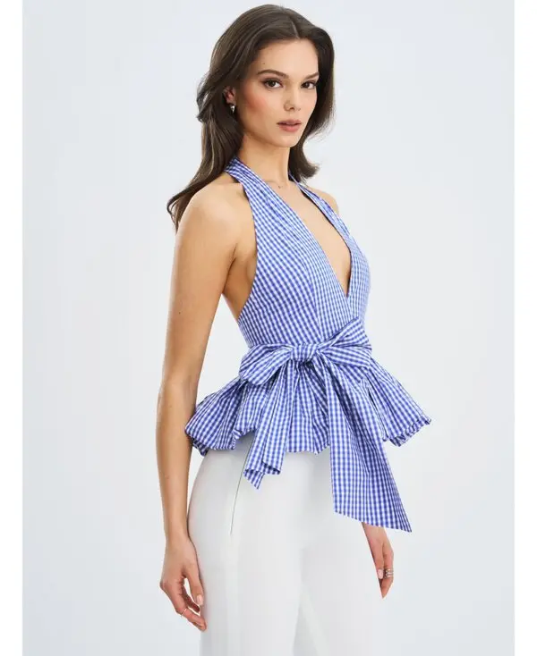 MISS CIRCLE Ilene Checkered Halter Top With Bubble Hem - Blue Checkered