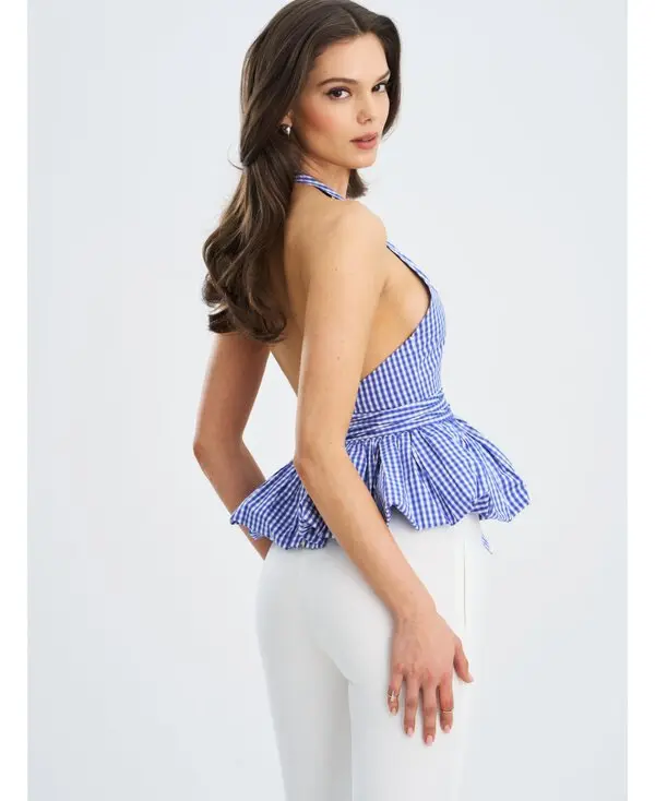 MISS CIRCLE Ilene Checkered Halter Top With Bubble Hem - Blue Checkered