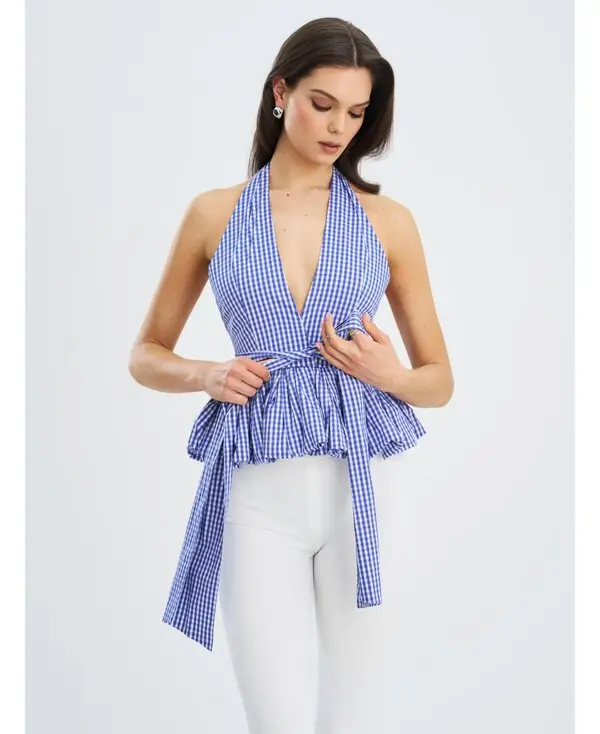 MISS CIRCLE Ilene Checkered Halter Top With Bubble Hem - Blue Checkered