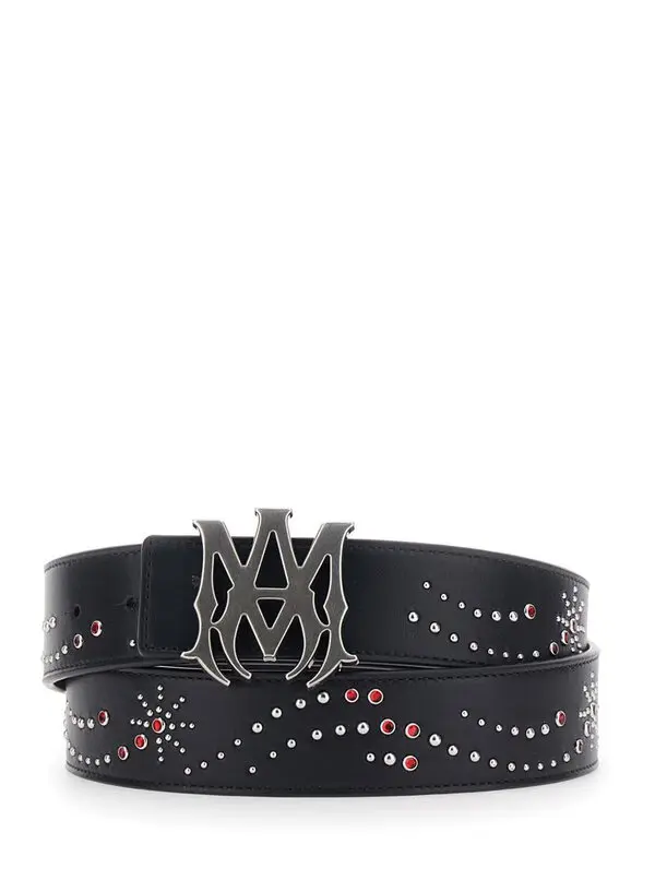 Amiri Leather Belt With Logo Buckle And Stud Embellishments - Black