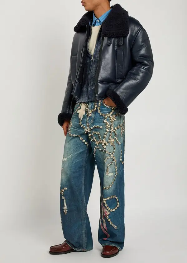 Acne Studios Shearling Leather Jacket - Navy