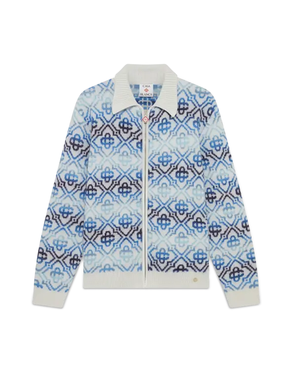 Casablanca Space Dye Monogram Long Sleeve Merino Cardigan - Blue