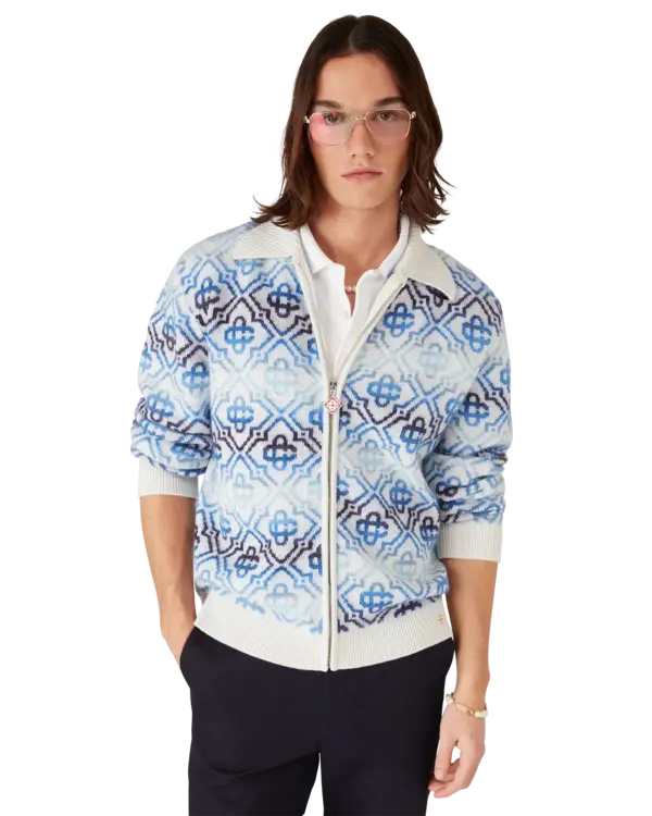 Casablanca Space Dye Monogram Long-sleeve Merino Cardigan - Blue