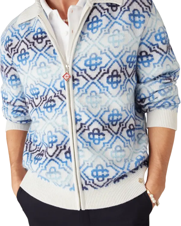 Casablanca Space Dye Monogram Long-sleeve Merino Cardigan - Blue