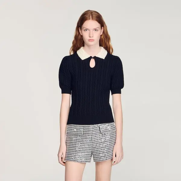 Sandro Detachable Collar Cable Knit Sweater