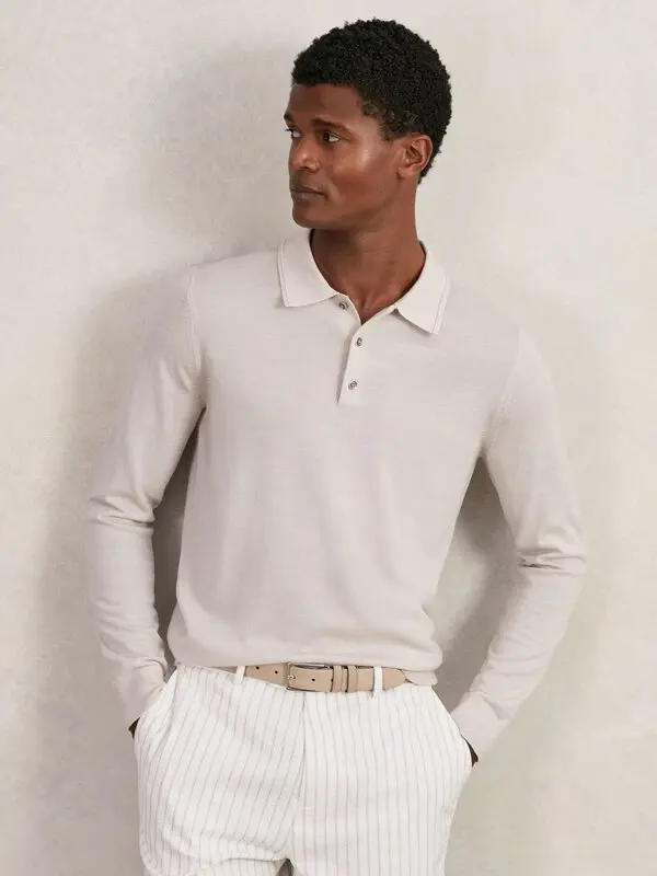 REISS Trafford Wool Long-sleeve Polo Shirt - Beige