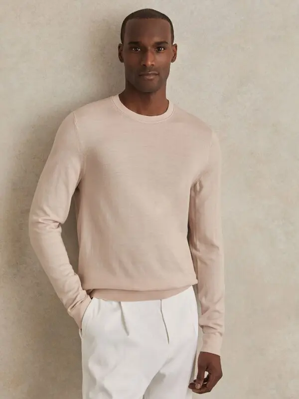 REISS Merino Wool Crew Neck Jumper - Beige