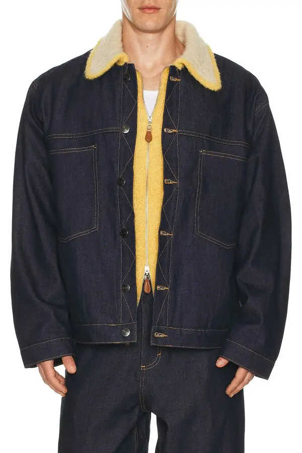 CHARLES JEFFREY Denim Jacket With Knitted Collar - Indigo Denim