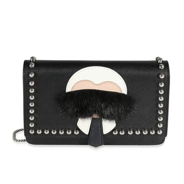 Fendi Vitello Elite & Mink Studded Karlito Chain Wallet - Black