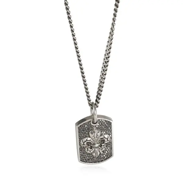 KING BABY STUDIO Pave Black Diamond Fleur-de-lis Relic Dog Tag Pendant - Sterling_silver