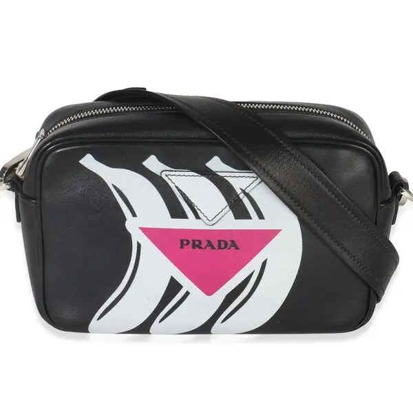 Prada Calfskin Banana Logo Crossbody Bag - Black