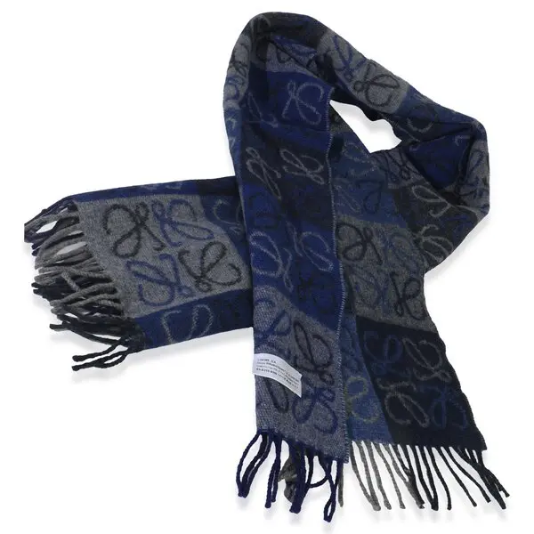 Loewe Grey Wool Cashmere Double Face Anagram Fringe Scarf - Blue