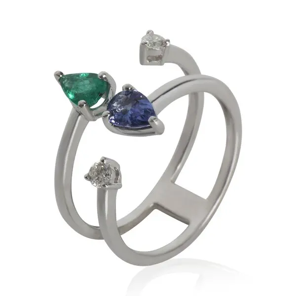 MYGEMMA 14k White Gold Emerald, Tanzanite, And Diamond Ring