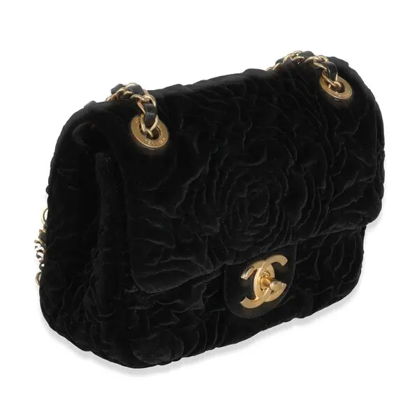 Chanel Camellia Embossed Velvet Square Flap Bag - Black