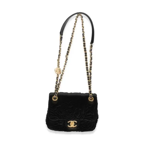 Chanel Camellia Embossed Velvet Square Flap Bag - Black