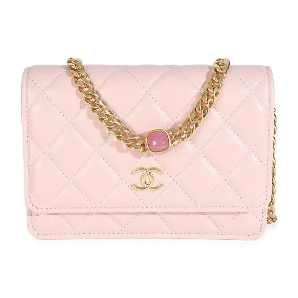 Chanel Quilted Lambskin Cc Pearl Enamel Clutch On Chain - Pink