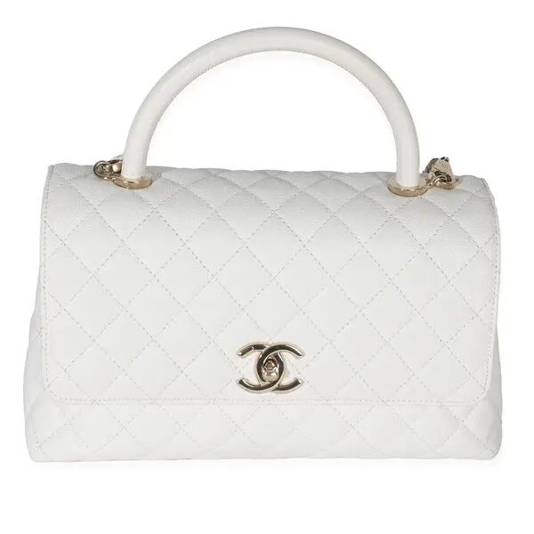 Chanel Quilted Caviar Coco Top Handle Bag - White