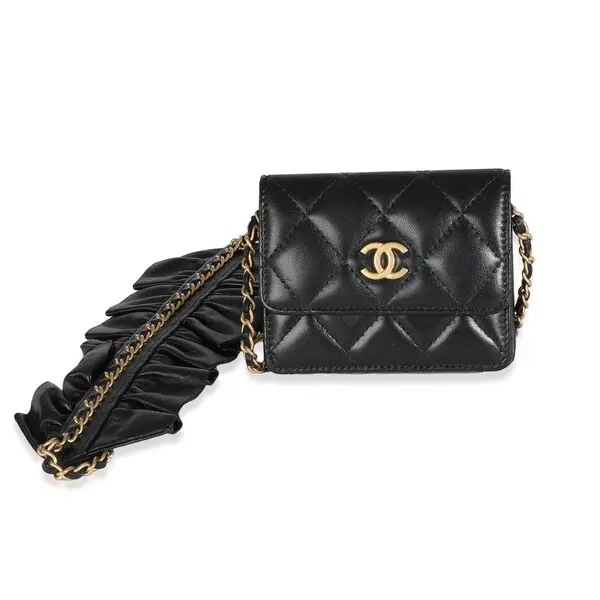 Chanel Quilted Lambskin Ruffled Card Holder On Chain - Black