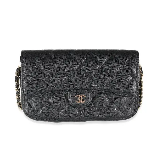 Chanel Quilted Caviar Flap Phone Handbag With Chain - Black