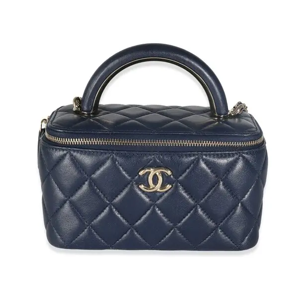 Chanel Quilted Lambskin Top Handle Vanity Case With Chain - Blue