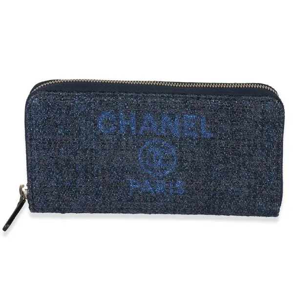 Chanel Metallic Lurex Canvas Deauville Zip Around Wallet - Blue