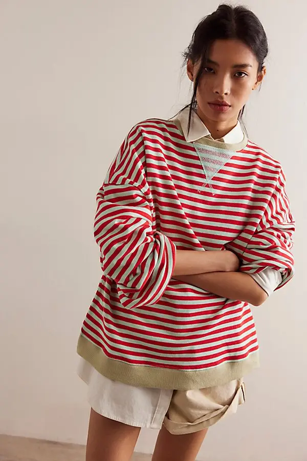 Free People Classic Striped Crewneck - Cherry Combo