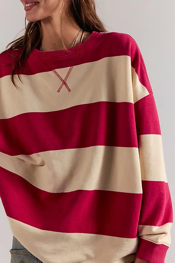 Free People Classic Striped Crewneck - Cherry Combo