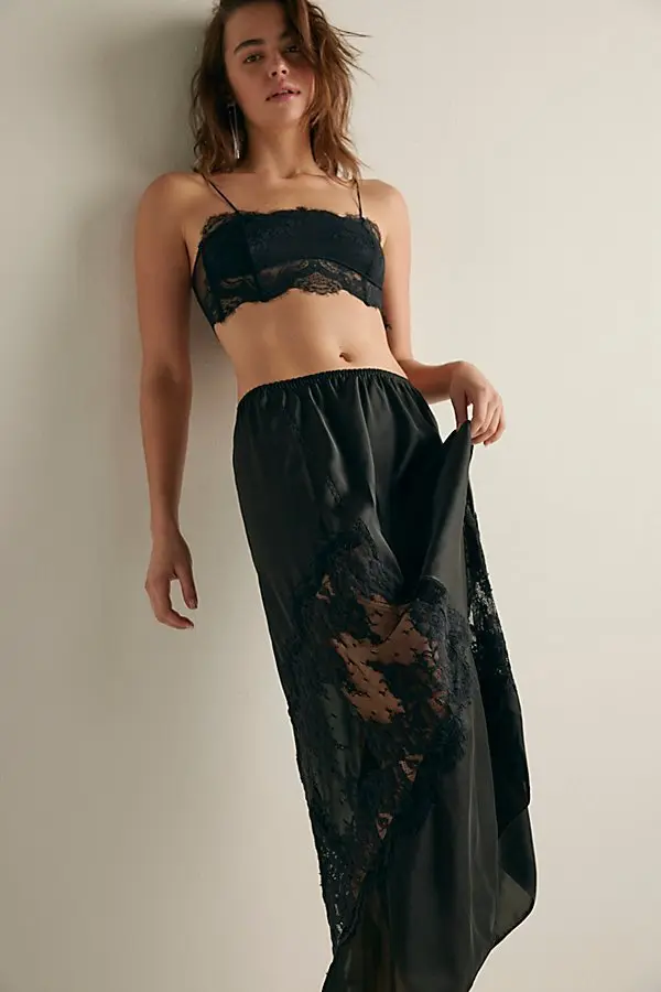 Free People Maxi Slip Skirt With Lace Detail - Black
