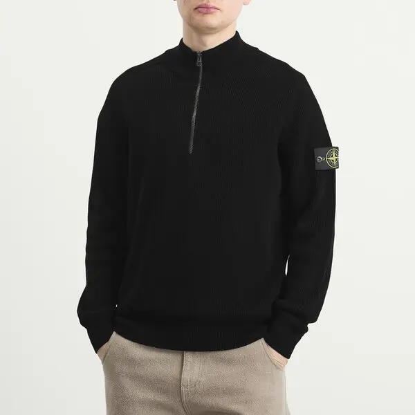Stone Island Ribbed Soft Cotton Half Zip Knit Jumper - Black