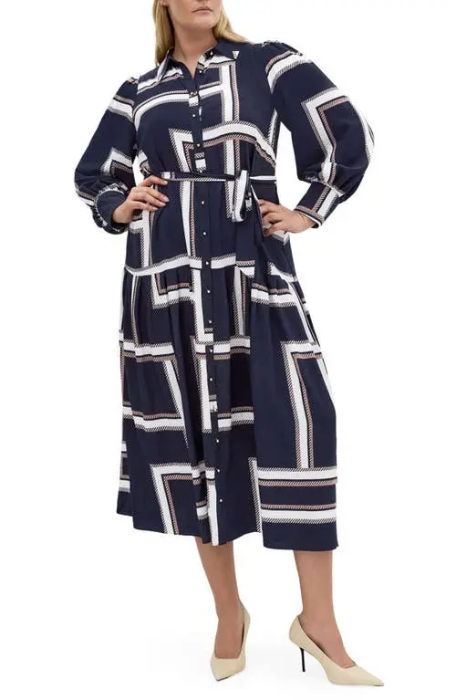 City Chic Kinsley Tie Waist Long Sleeve Shirtdress - Sleek Stripes