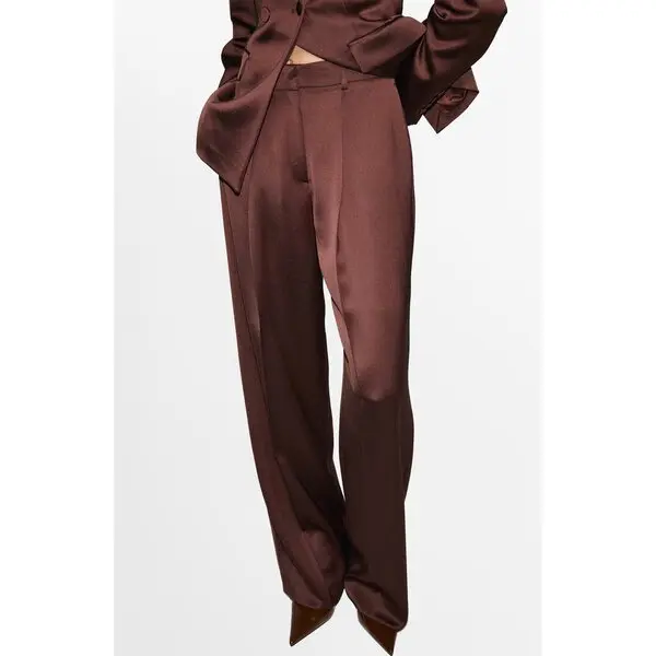 Mango Pleated Satin Trousers - Brown