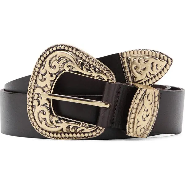 Mango Engraved Buckle Leather Belt - Chocolate