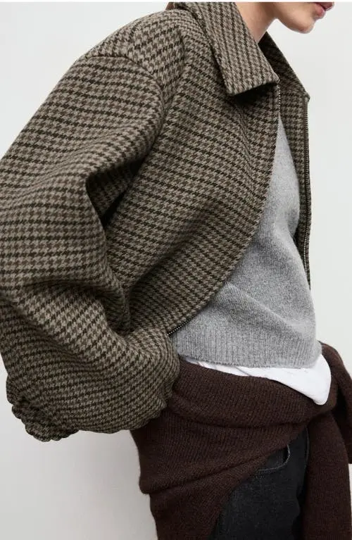 Mango Houndstooth Check Wool-blend Bomber Jacket