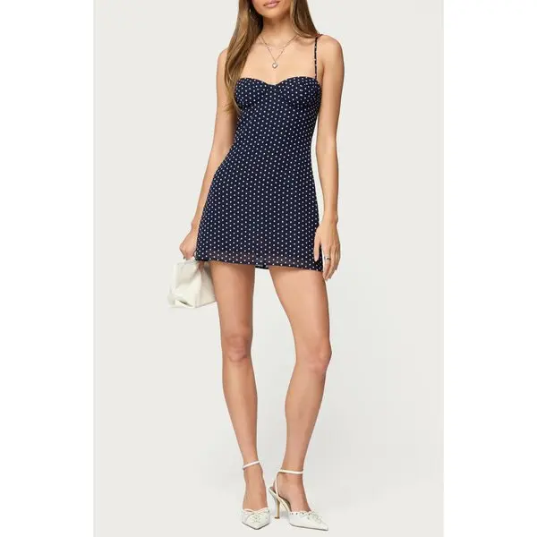EDIKTED Polka Dot Chiffon Minidress - Navy